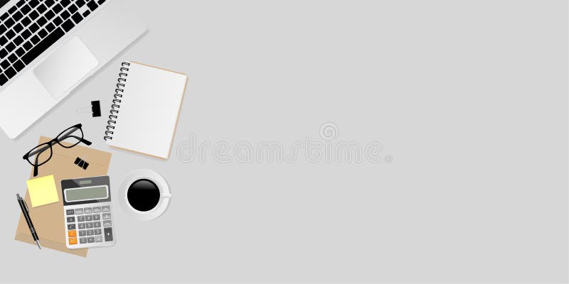 Blank Notebook with Office Supplies on Gray Color Background, Top View ...
