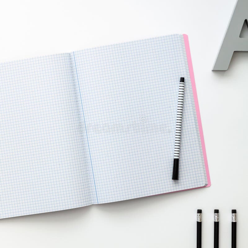 Blank Notebook is Open on Modern White Working Table. Top View Stock ...