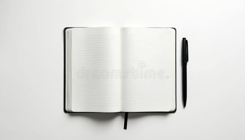 Blank Notebook Open on White Surface with Black Pen. Ready for Writing ...