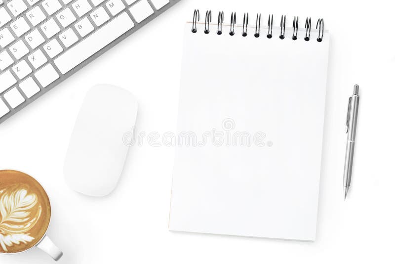 Blank Notebook Page is on Top of Modern White Office Desk Table. Top ...