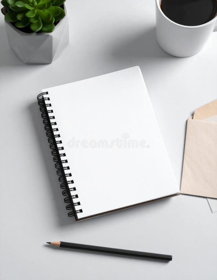 Blank Notebook Pencil Coffee Cup on Grey Desk Stock Illustration - Illustration of desk, pencil ...