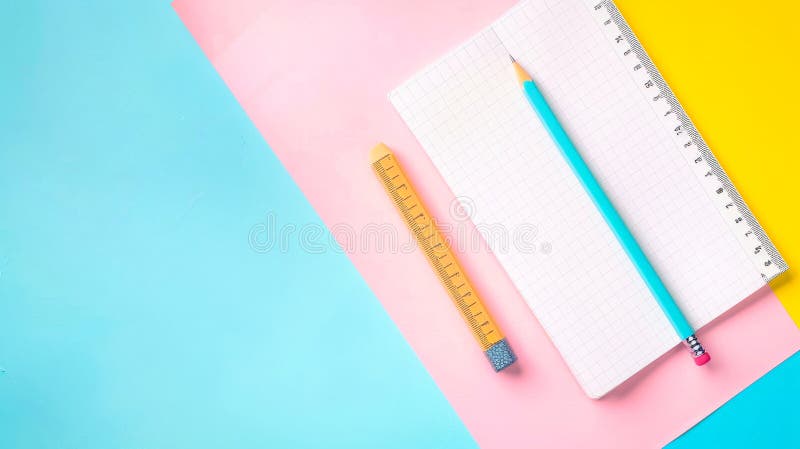 A Blank Notebook, Pencil, and Ruler Lie on a Pastel Pink, Blue, and ...