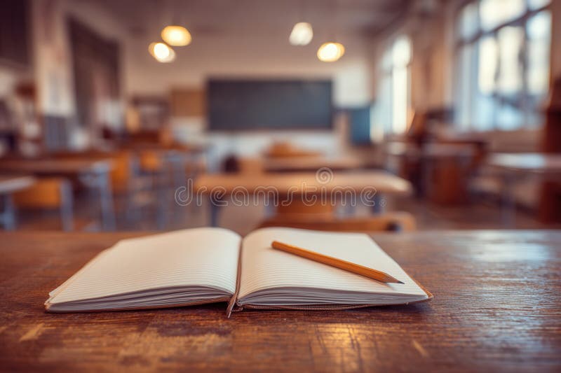 Open Notebook and Pencil on Desk in Empty Classroom Stock Illustration ...