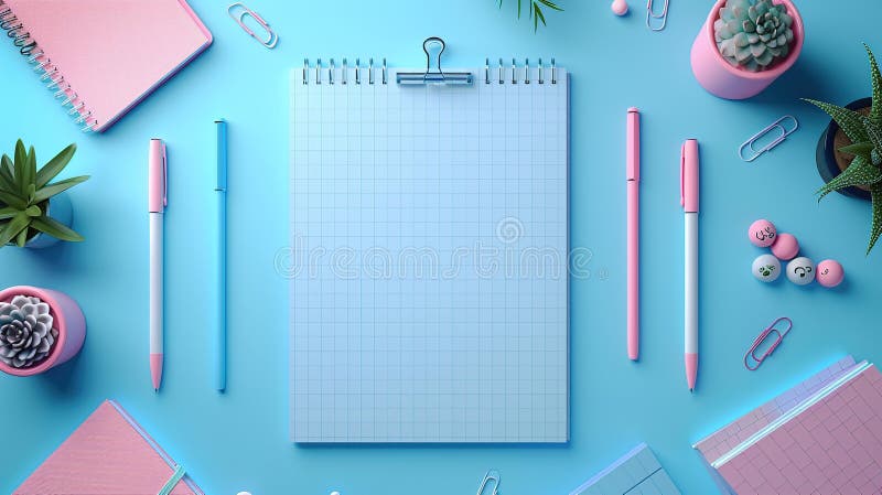 Blank Notebook with Pens and Stationery on Blue Background Stock ...