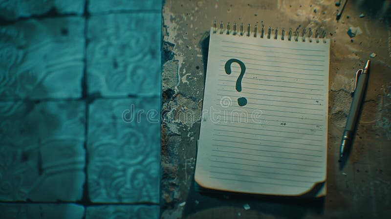 Blank Notebook with a Question Mark on a Rustic Desk, Invoking ...