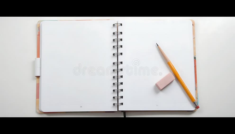 Blank Notebook Ready for Ideas: Pencil, Eraser on Open Pages Stock ...