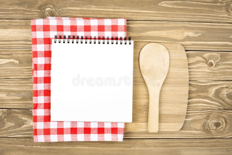 Blank Notebook for Recipes with Wooden Spoon on Table. Background with ...