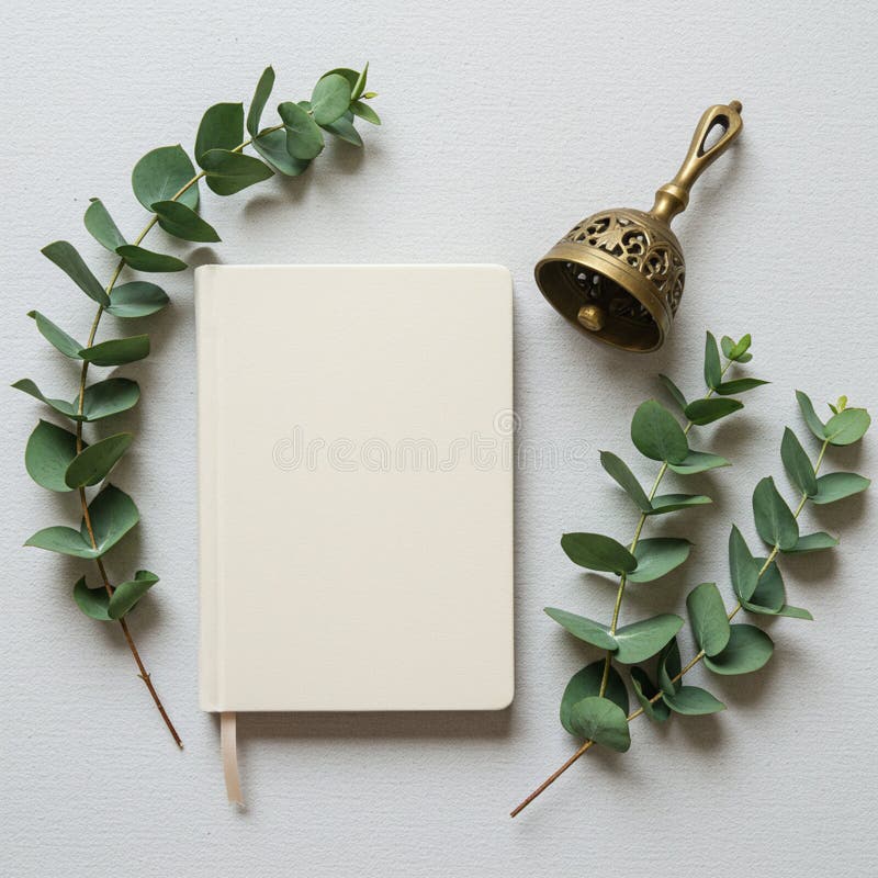 Blank Notebook with a Ribbon Bookmark Placed between Two Eucalyptus Branches Stock Illustration ...