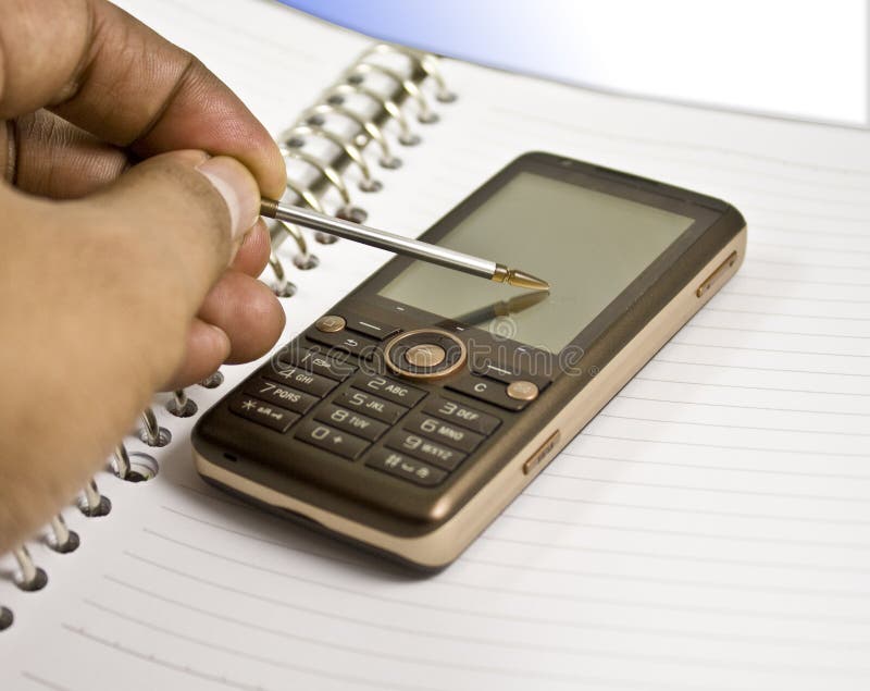 Blank Notebook, Stylus, Mobile Phone, Hand Stock Photo - Image of ...