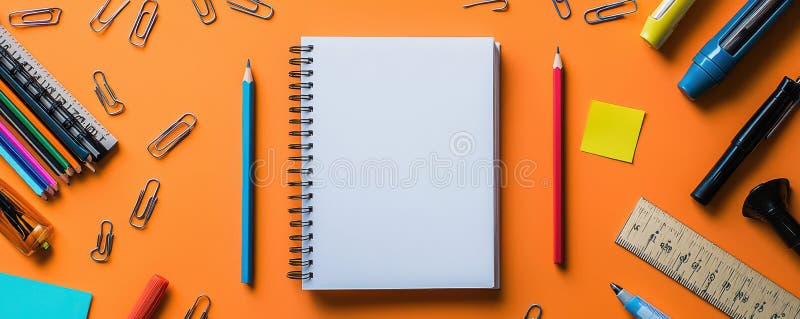 Blank Notebook Surrounded by an Assortment of Office Supplies on an ...