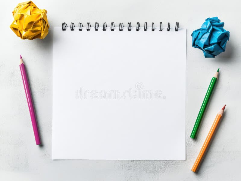 A Blank Notebook Surrounded by Colorful Crayons and Crumpled Paper ...