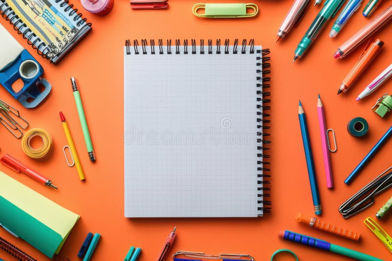 A Blank Notebook Surrounded by Colorful School Supplies on an Orange ...