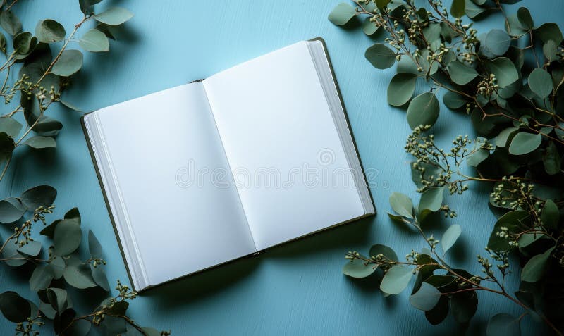 Blank Notebook Surrounded by Eucalyptus Leaves on Blue Background Stock ...
