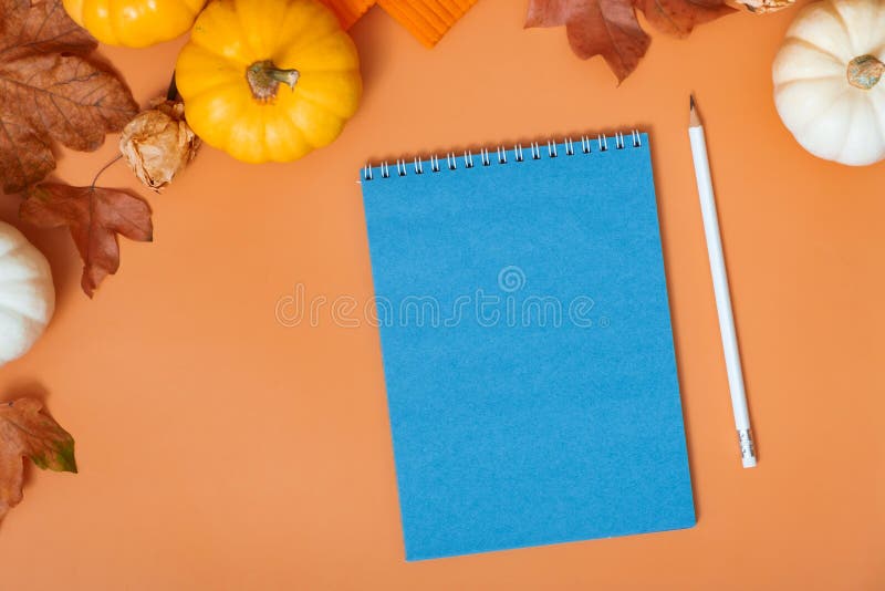 Blank Notebook for Text Next To Pumpkins and Autumn Leaves. Autumn ...