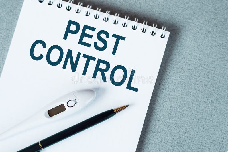 Blank Notebook with Thermometre and Pen on Table. PEST CONTROL Text ...