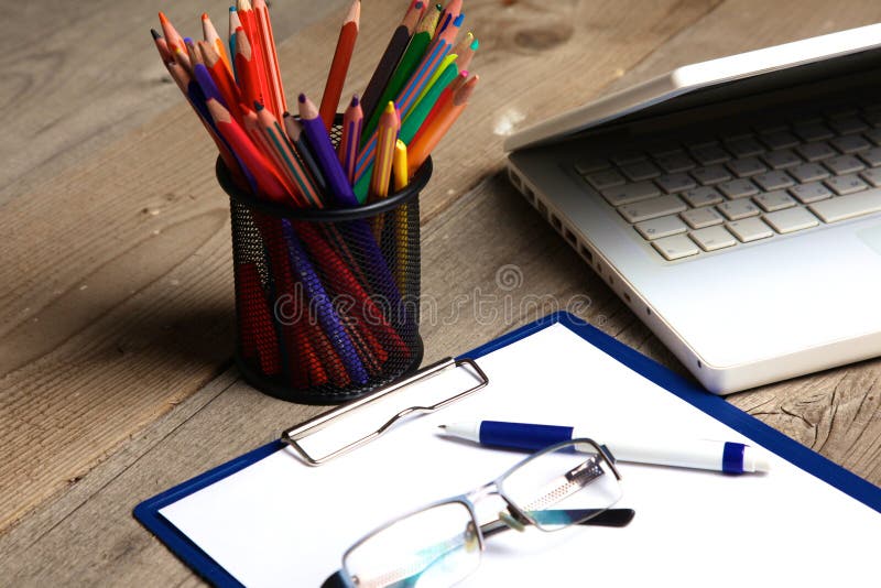 Blank Notebook on Wooden Table with Pencils Stock Photo - Image of ...