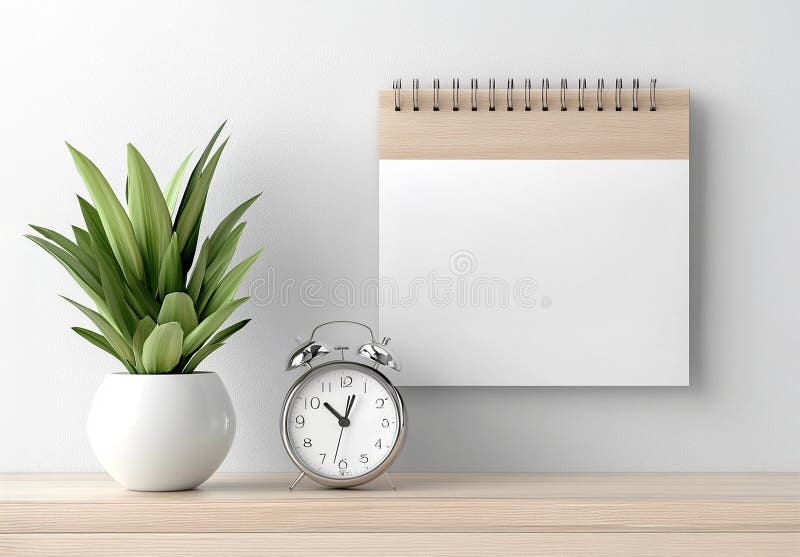 Blank Notepad and Alarm Clock on White Table Stock Illustration ...