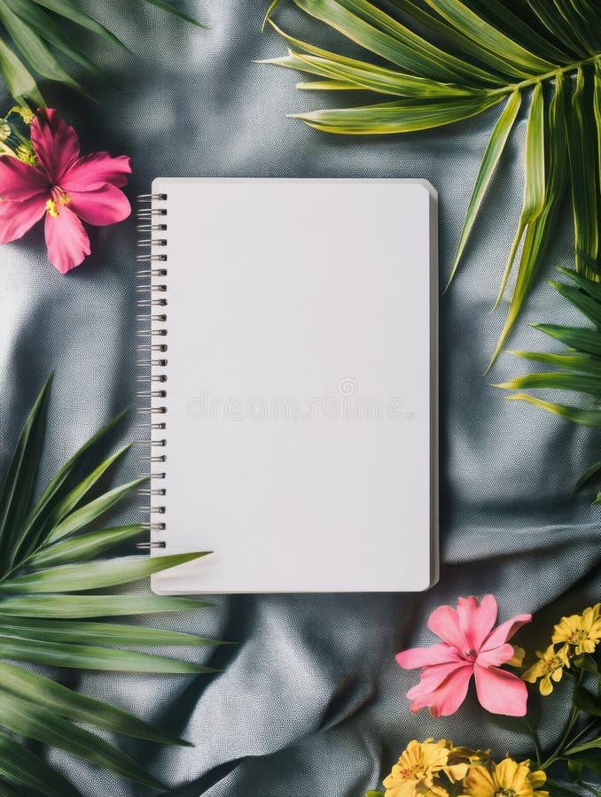 Blank Notepad Surrounded by Vibrant Flowers and Lush Leaves on Soft ...