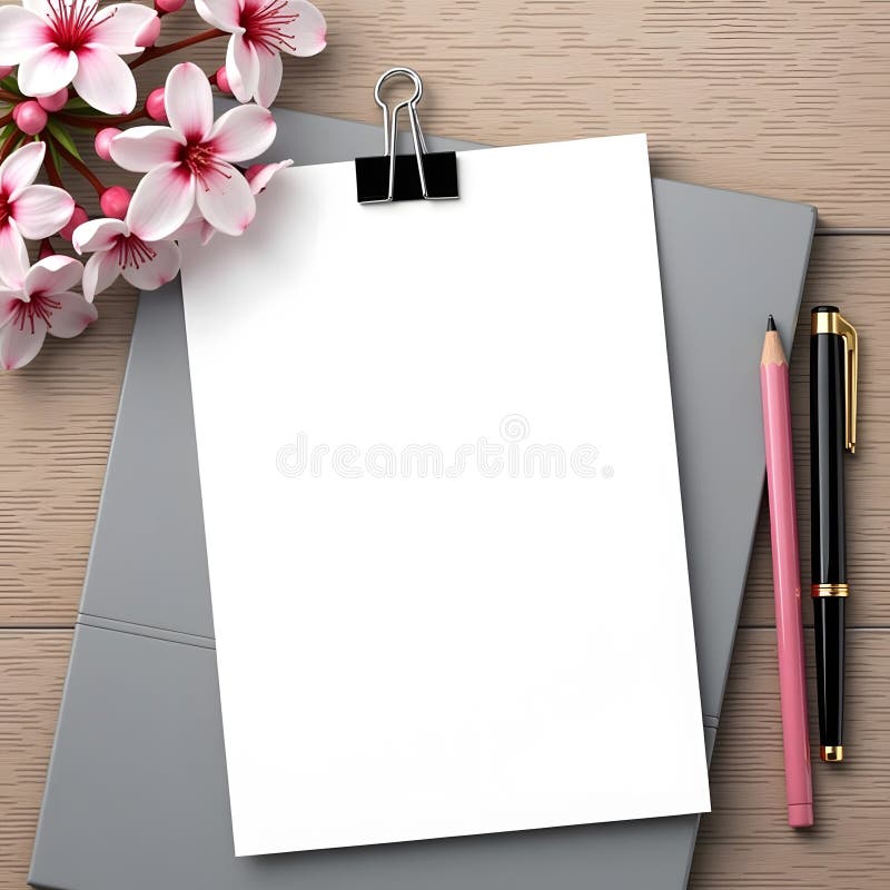 Blank Notepad with Cherry Blossoms - Workspace Mockup Stock ...