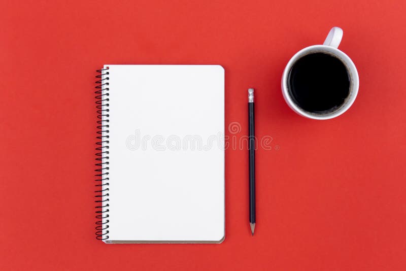 Blank Notepad, Coffee Cup and Pencil on Red Background, Flat Lay. Stock ...