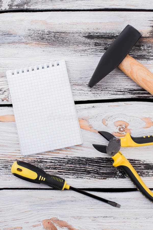 Blank Notepad and Construction Workers Instruments. Stock Image - Image ...