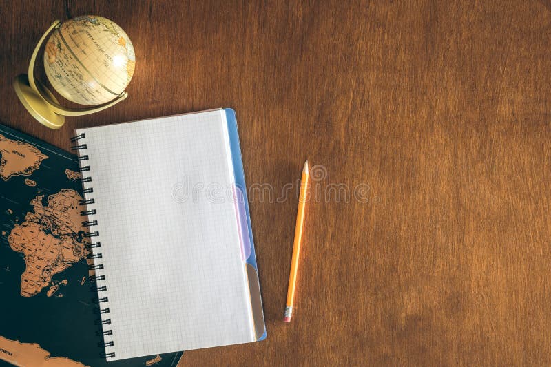 Blank Notepad, Globe and Map on a Wooden Table, Top View. Stock Image ...