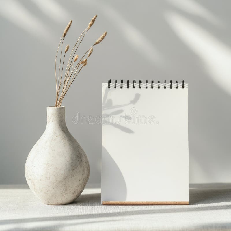 Blank Notepad Mockup with Dried Flowers in Vase. 3d Render Stock ...