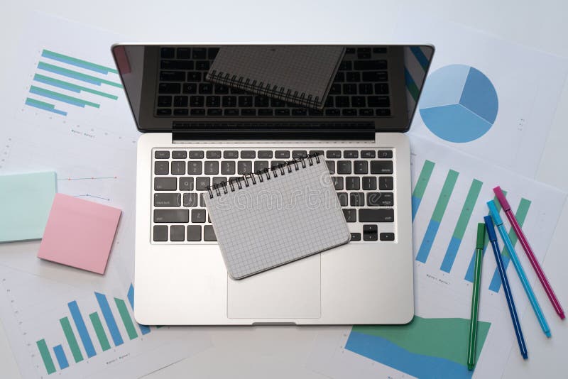 Blank Notepad Over Computer on Office Table. Top View with Copy Space ...