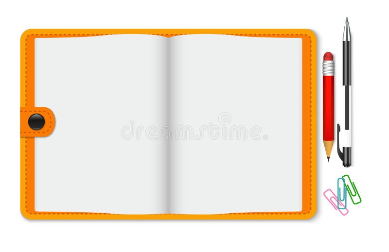 Blank Notepad with Pen and Pencil, Top View Stock Vector - Illustration ...