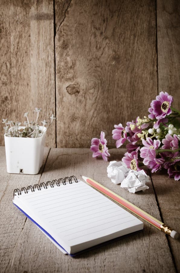 Blank Notepad with Pencil on Wooden Table Stock Image - Image of wood ...