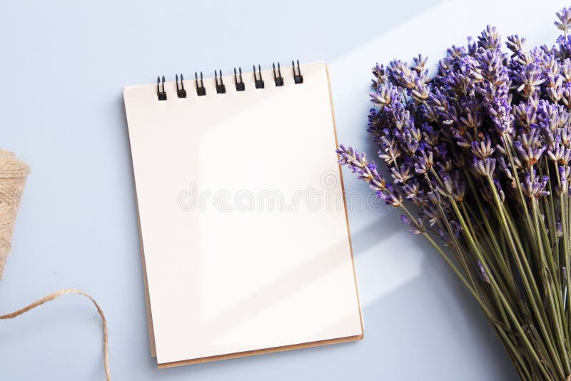 Blank Notepad Sheet with Lavender, Candle, Twine Top View with Sunlight ...
