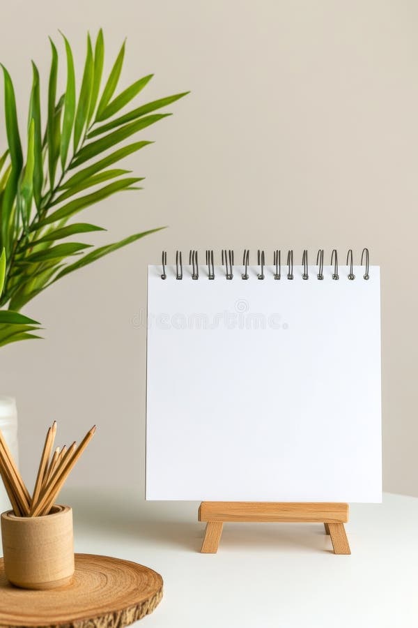 Blank Notepad on Stand with Plant and Stationery on a Light-colored ...