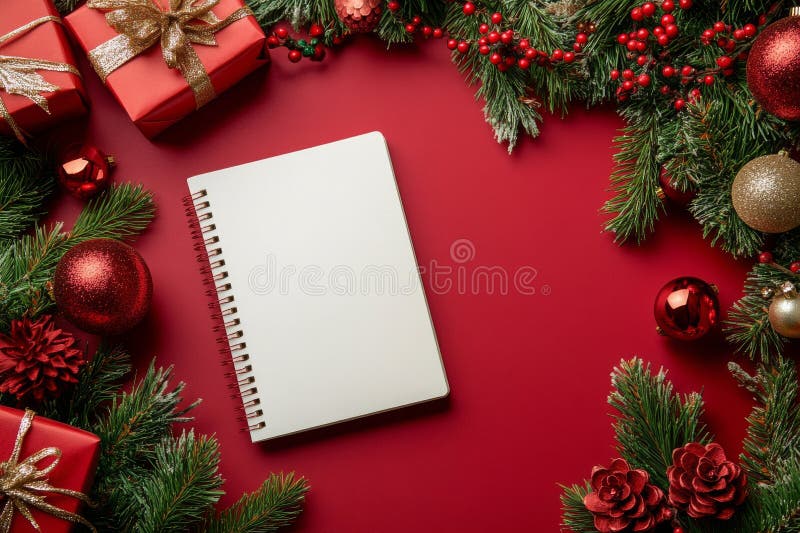 Blank Notepad Surrounded by Festive Decorations on a Red Background ...