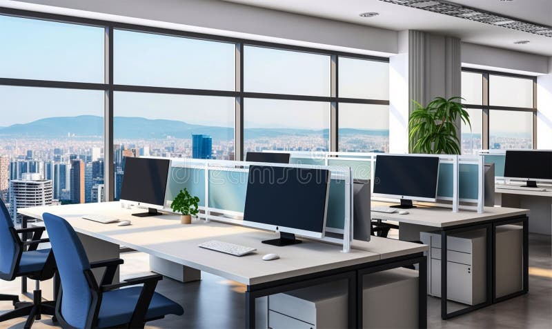 Blank Office Room Desk with Computers for Employees Stock Illustration ...