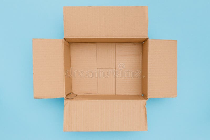 Blank Open Cardboard Box In Top View Isolated On Blue Background Stock ...