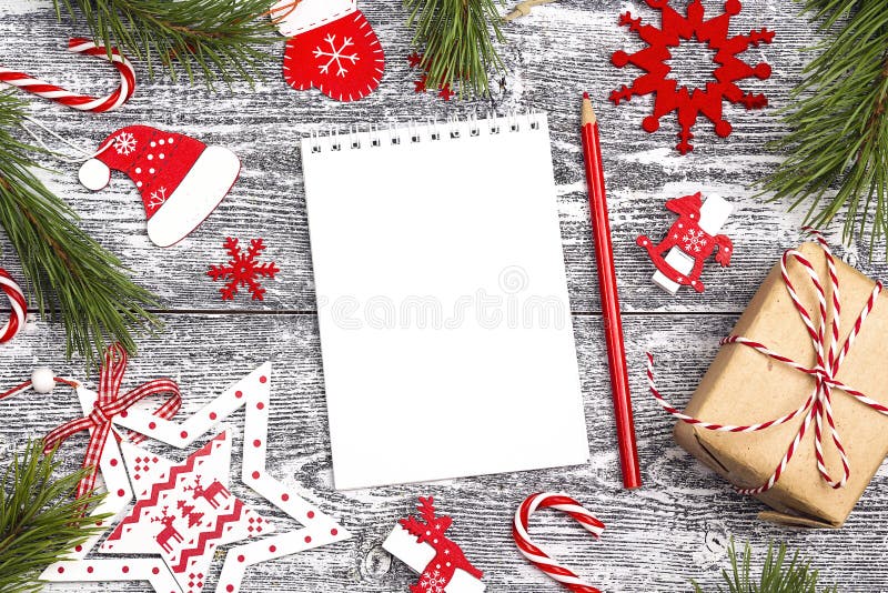 Blank Open Notebook with Christmas Decorations and Gift Box. Spa Stock ...