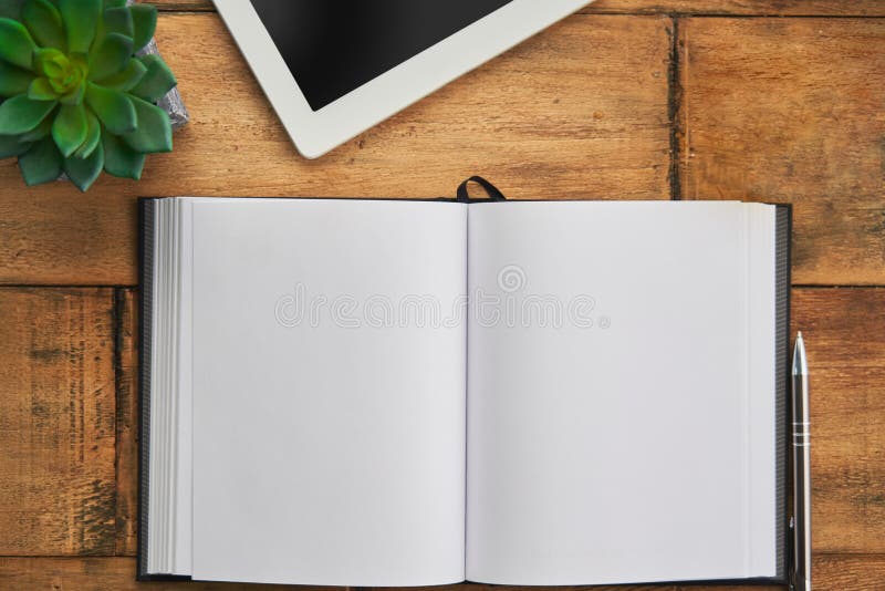 Blank Open Notebook with Tablet Wooden Table, Desktop. Top View Image ...
