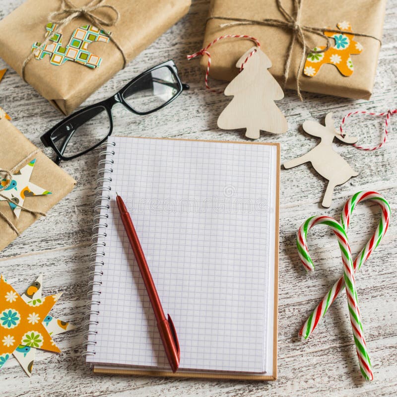 Blank Open Notepad, Christmas Gifts, Candies Stock Photo - Image of ...