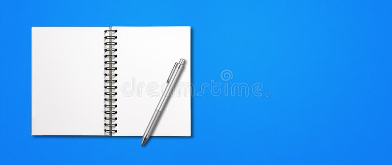 Blank Open Spiral Notebook and Pen Isolated on Blue Banner Stock Image ...