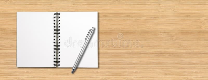 Blank Open Spiral Notebook and Pen Isolated on Wooden Banner Stock ...