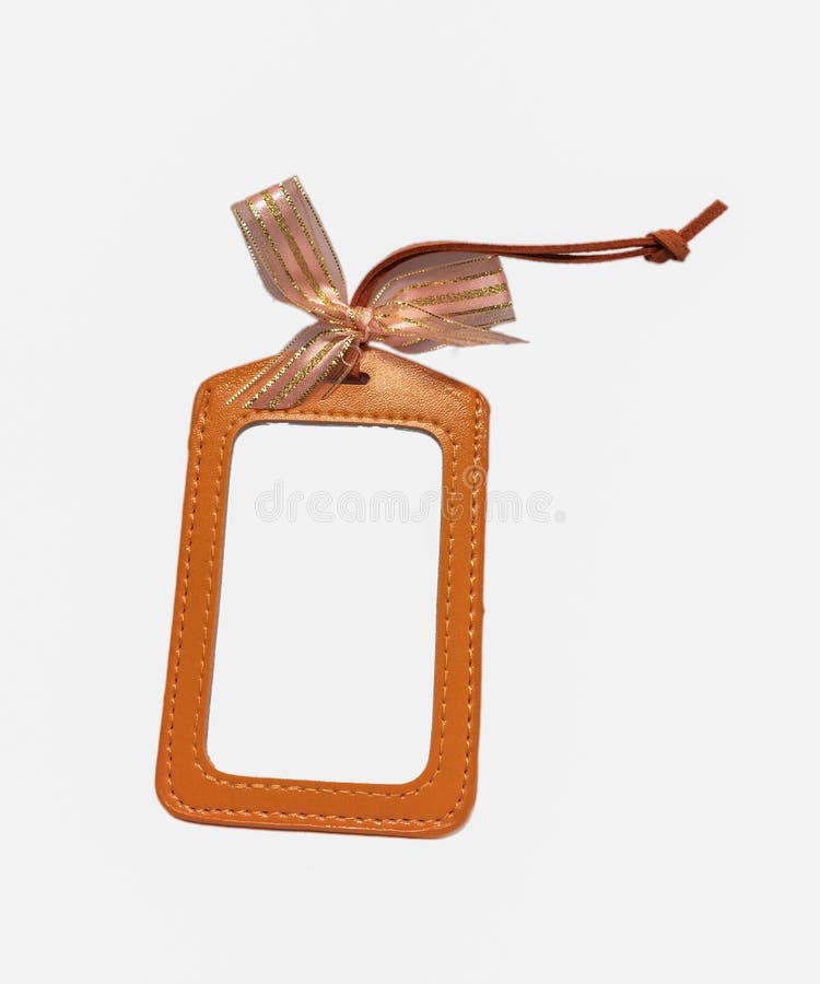 Blank Orange Light Brown Leather Name Tag with Bow on White Background ...