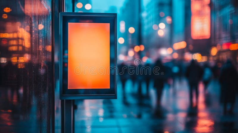 Blank Orange Sign in a Blurred City Night Scene Stock Illustration ...