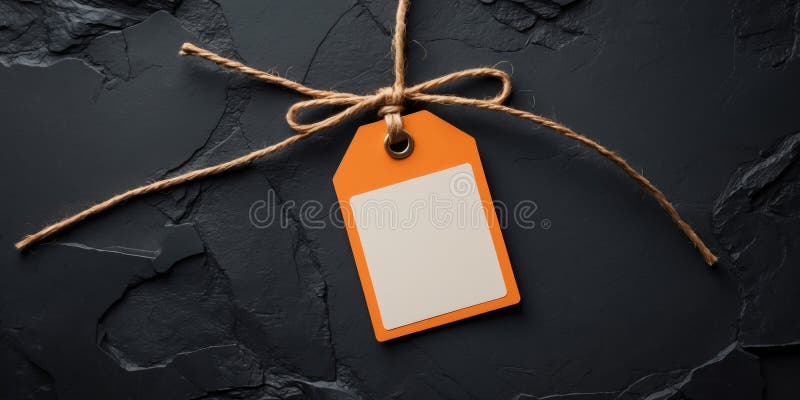 Blank Orange Tag Label with Jute String on Dark Textured Background ...