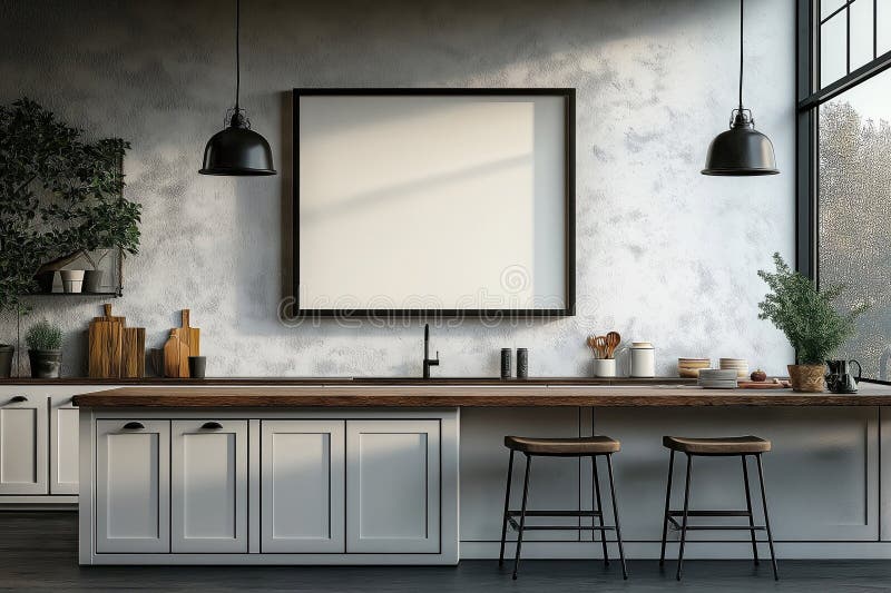 Blank Oversized Frame Hangs Above Breakfast Bar in Modern Kitchen ...