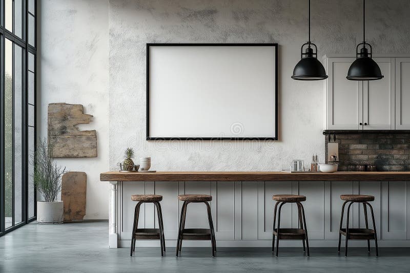 Blank Oversized Frame Hangs Above Rustic Breakfast Bar. Stylish Kitchen ...
