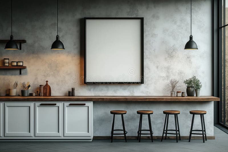 Blank Oversized Frame on Kitchen Wall Above Breakfast Bar. Modern ...