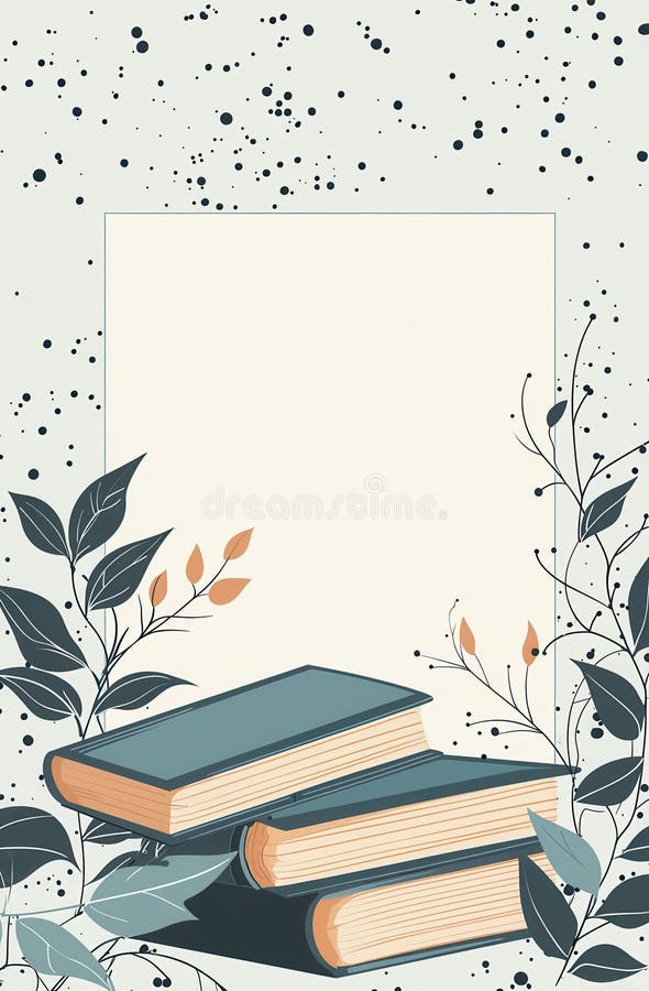 Blank Page with Light Blue Frame Featuring Abstract Books and Leaves ...