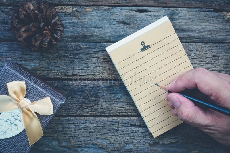 Blank Page Note Paper, Present Box, Pine Seed with Hand and Pencil ...