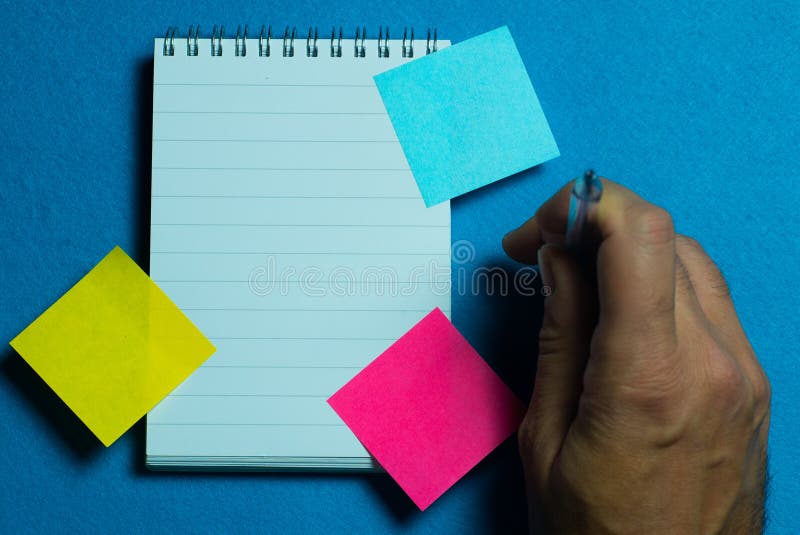 Blank Page of Notebook, Colorful Post it, Man Hand with Pen on Light ...