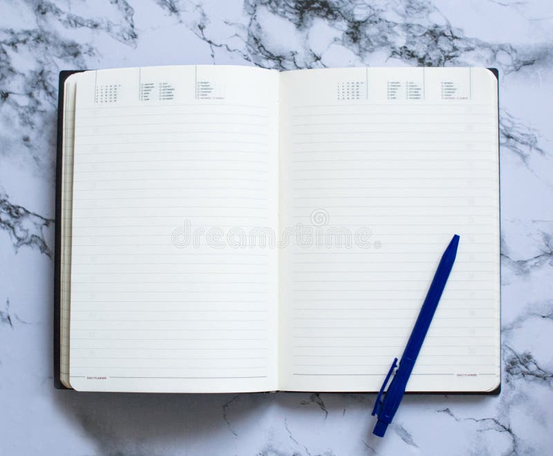 Blank Page Planner with Blue Pen on Marble Background Stock Image ...